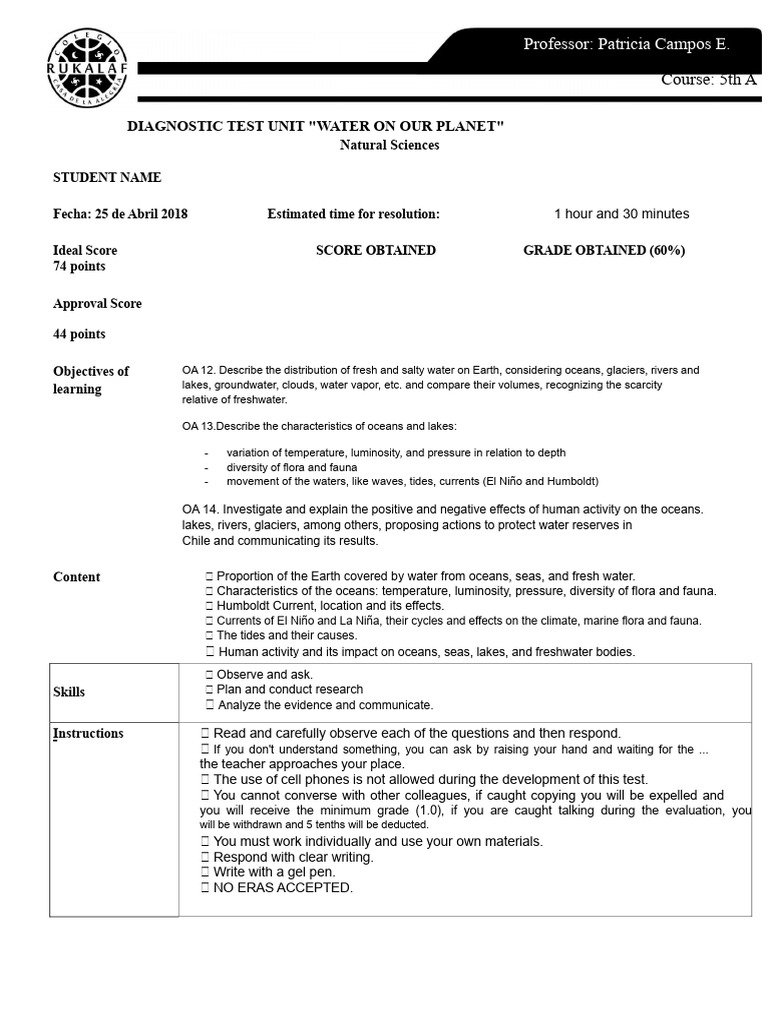 Test I 5th GRADE | PDF | Oceans | Water