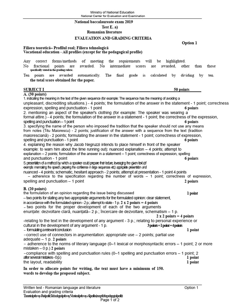 2019 Romanian Literature Exam Grading Criteria | PDF | Argument | Human ...