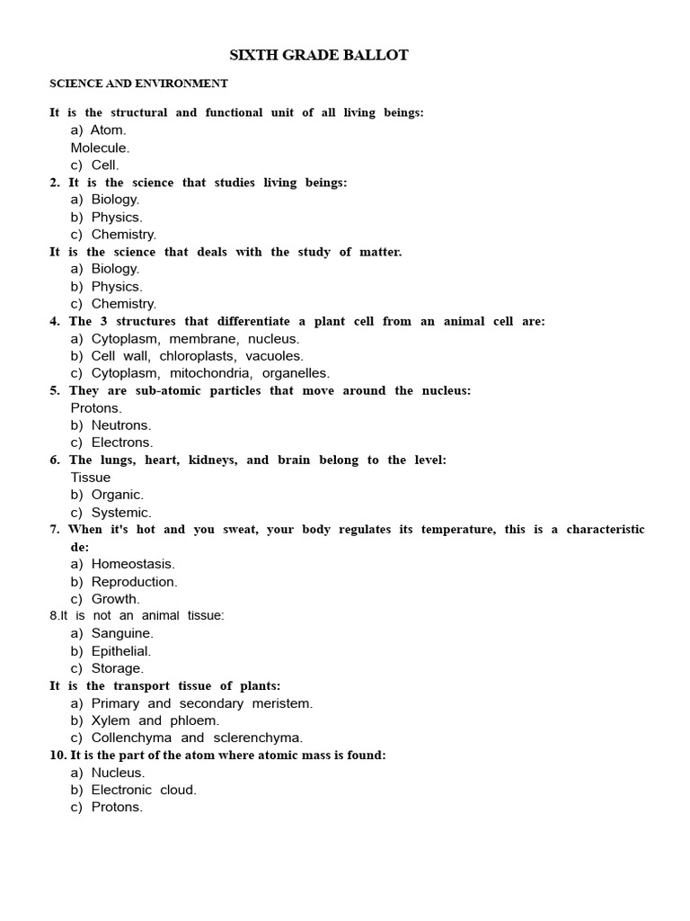 Sixth Grade Science and Social Studies Quiz | PDF | Tissue (Biology ...