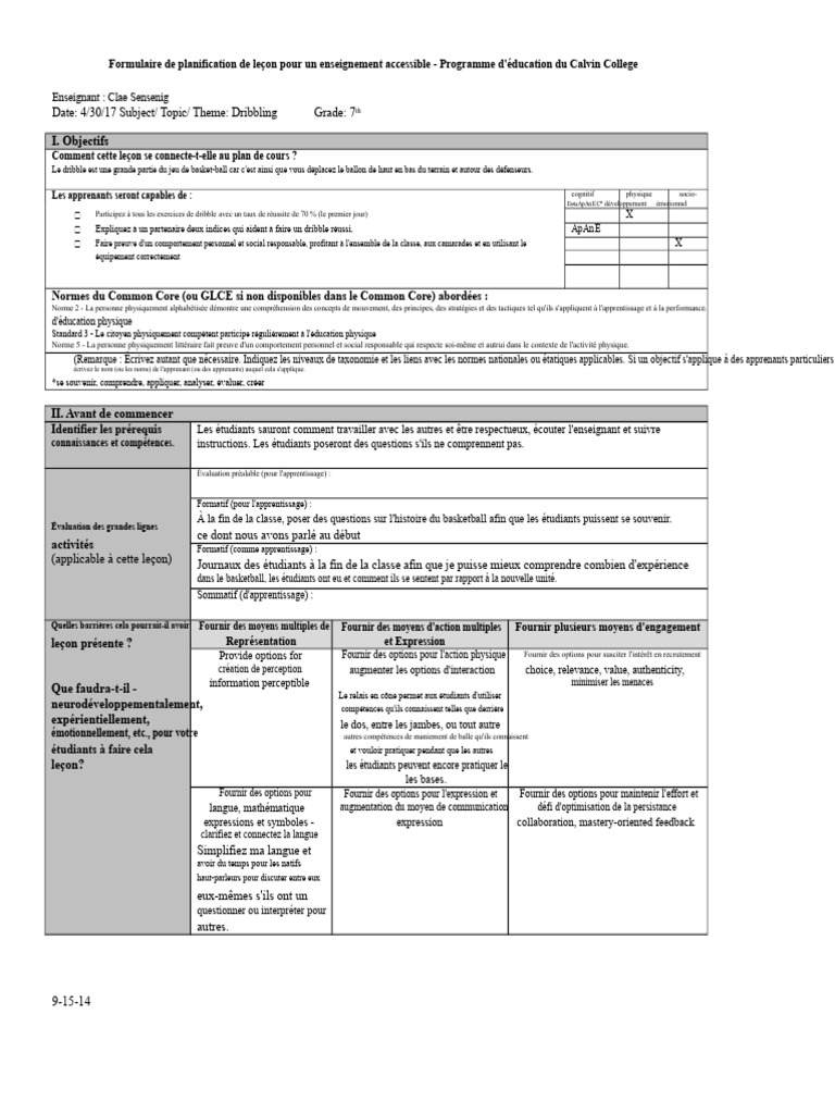 Plan de leçon : Dribble au basket 7e | PDF | Apprentissage | Volley-ball