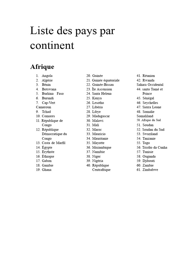 Liste des pays par continent et capitales | PDF | Amériques | Afrique