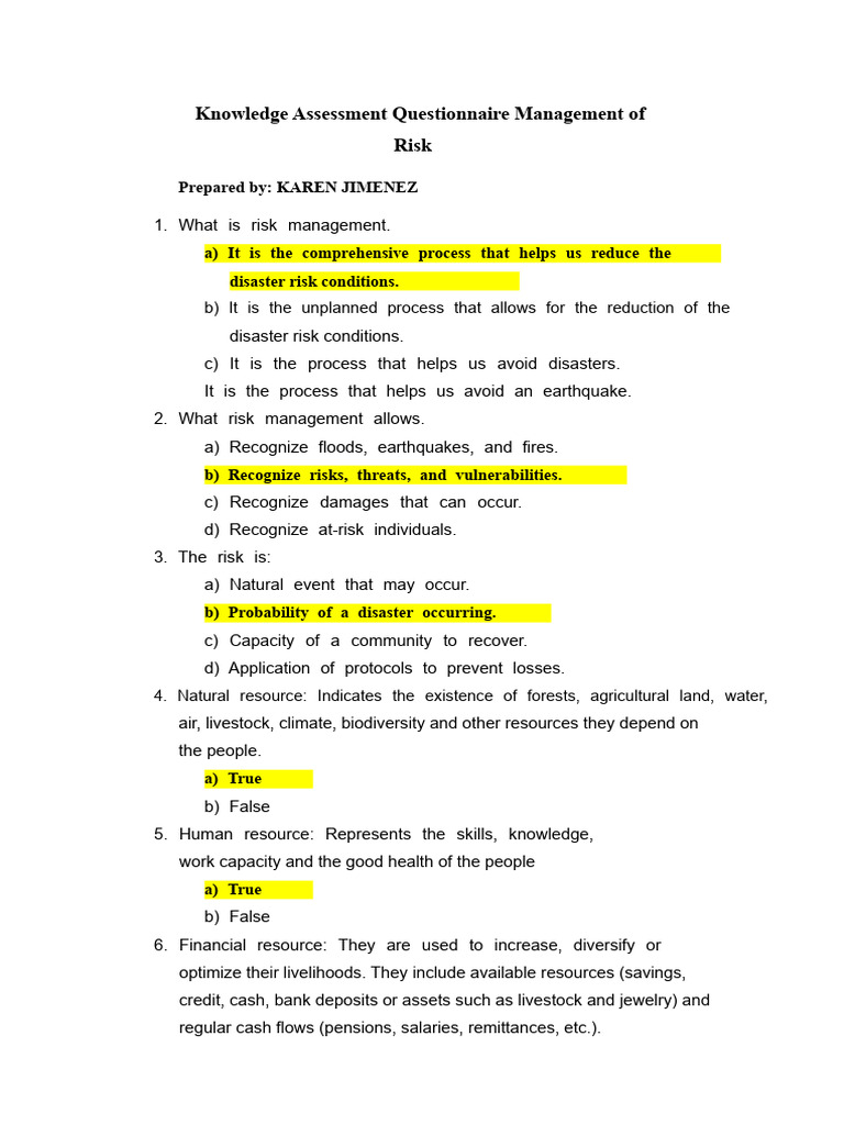 Knowledge Assessment Questionnaire On Risk Management | PDF | Risk ...