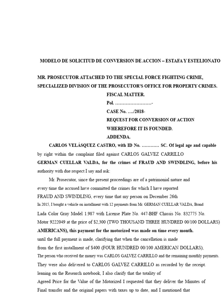 Solicitud de Conversión de Acción por Estafa | PDF | Fraud | Criminal Law