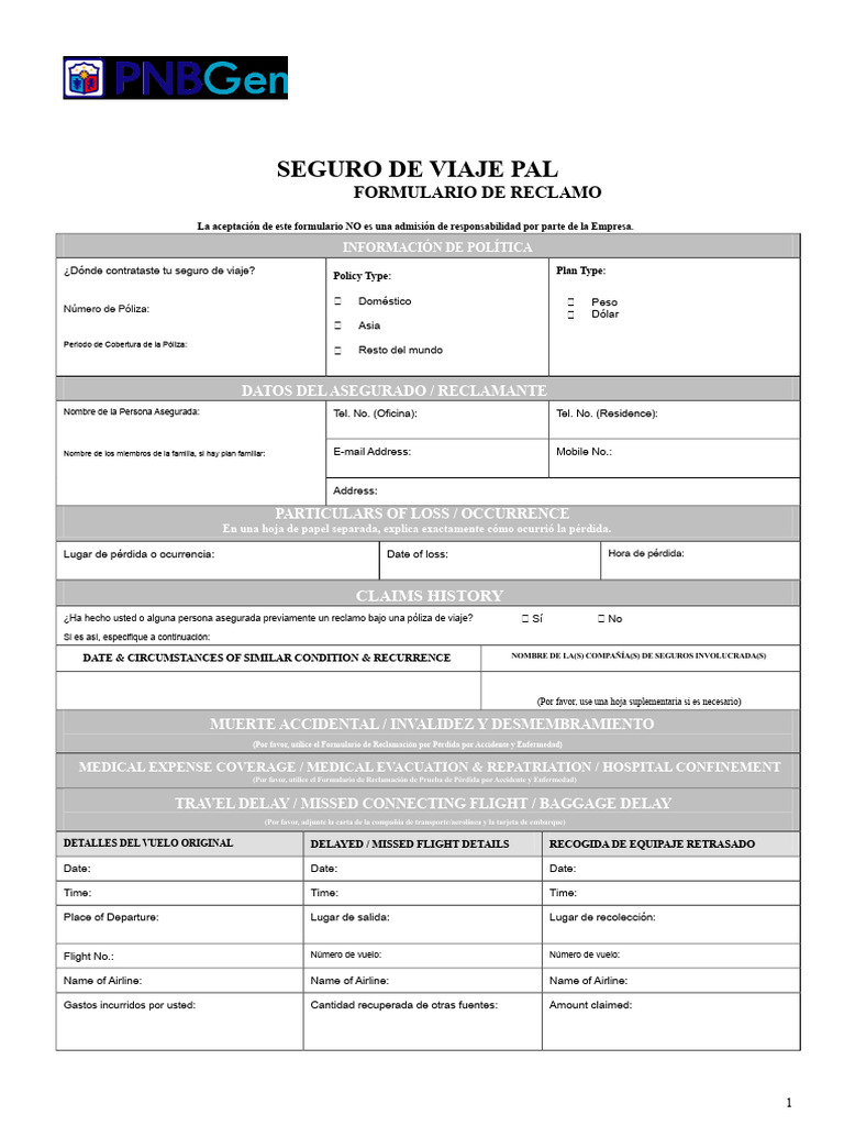 Formulario de Reclamo de Seguro de Viaje de PNBGEN | PDF | Póliza de seguros | Aviación