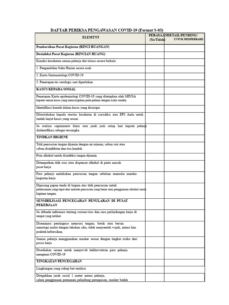 FORMAT - S03 DAFTAR PERIKSA PEMANTAUAN COVID | PDF