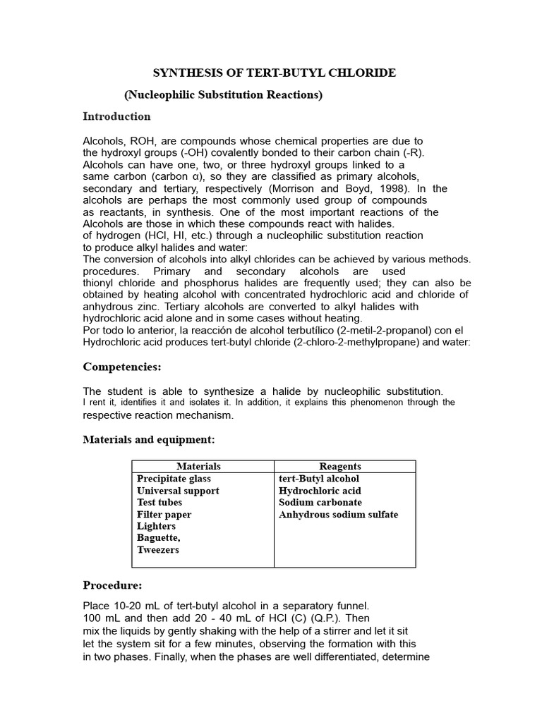 Synthesis of Tert-Butyl Chloride | PDF | Chemical Reactions | Acid
