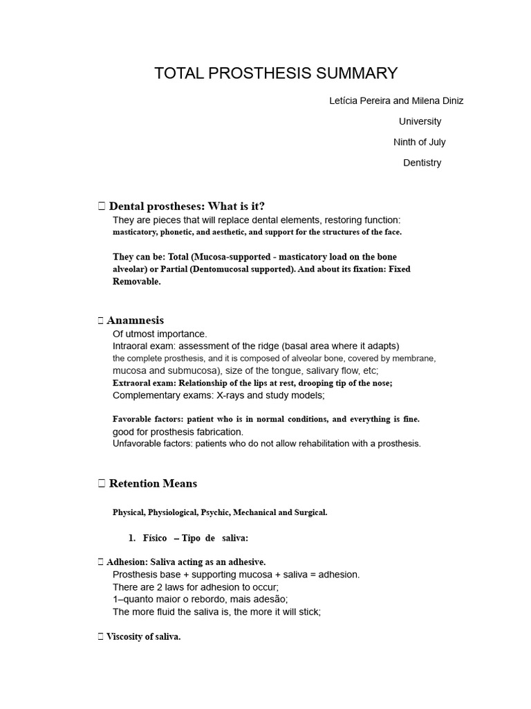 Total Prosthesis Summary | PDF | Dentures | Prosthesis