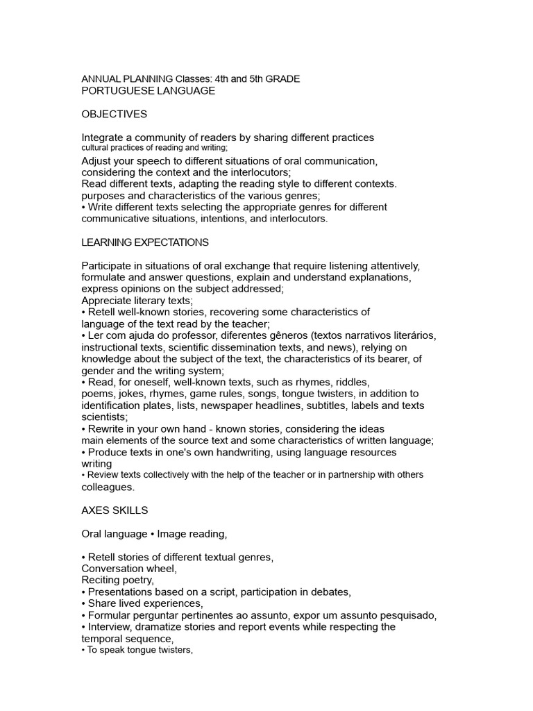 ANNUAL PLANNING - 4th AND 5th GRADE | PDF | Stress (Linguistics ...