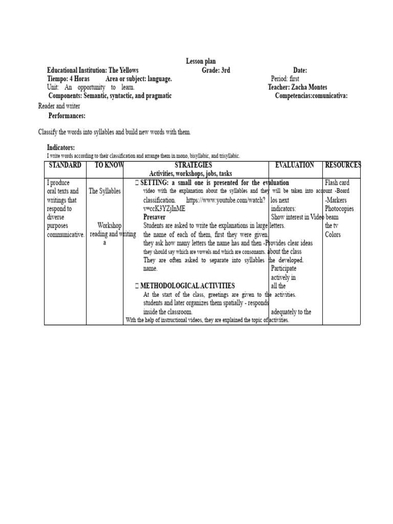 391489567-Class plan-Spanish-the syllable-3 | PDF | Syllable | Word