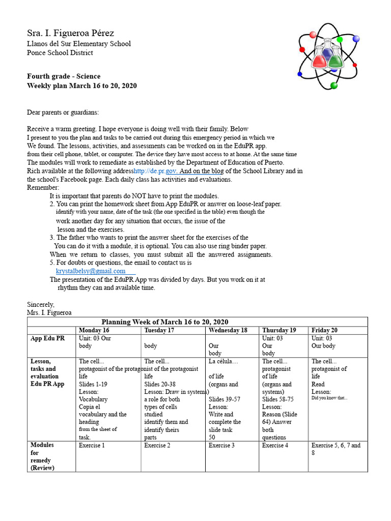 Weekly Planning Science 4th Grade | PDF