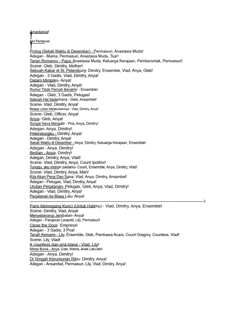 Daftar Adegan Anastasia | PDF