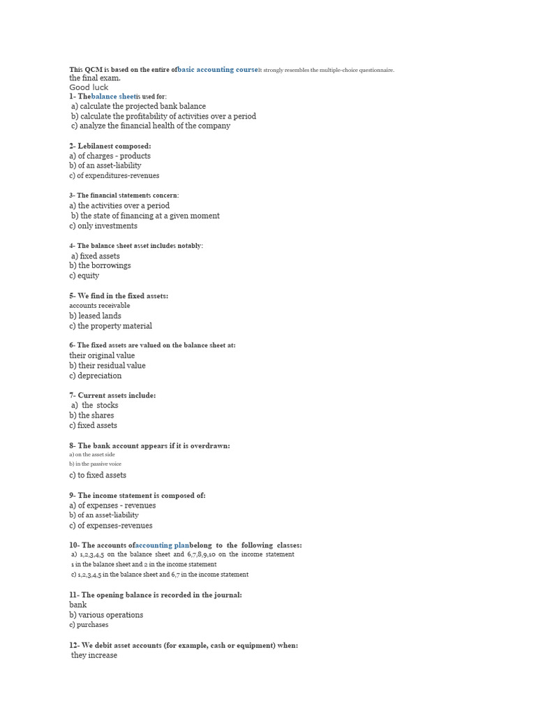 Accounting MCQ | PDF | Debits And Credits | Balance Sheet
