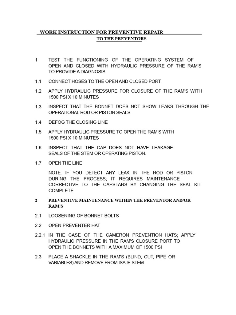 Preventive Work Procedure | PDF | Hydraulics | Mechanical Engineering