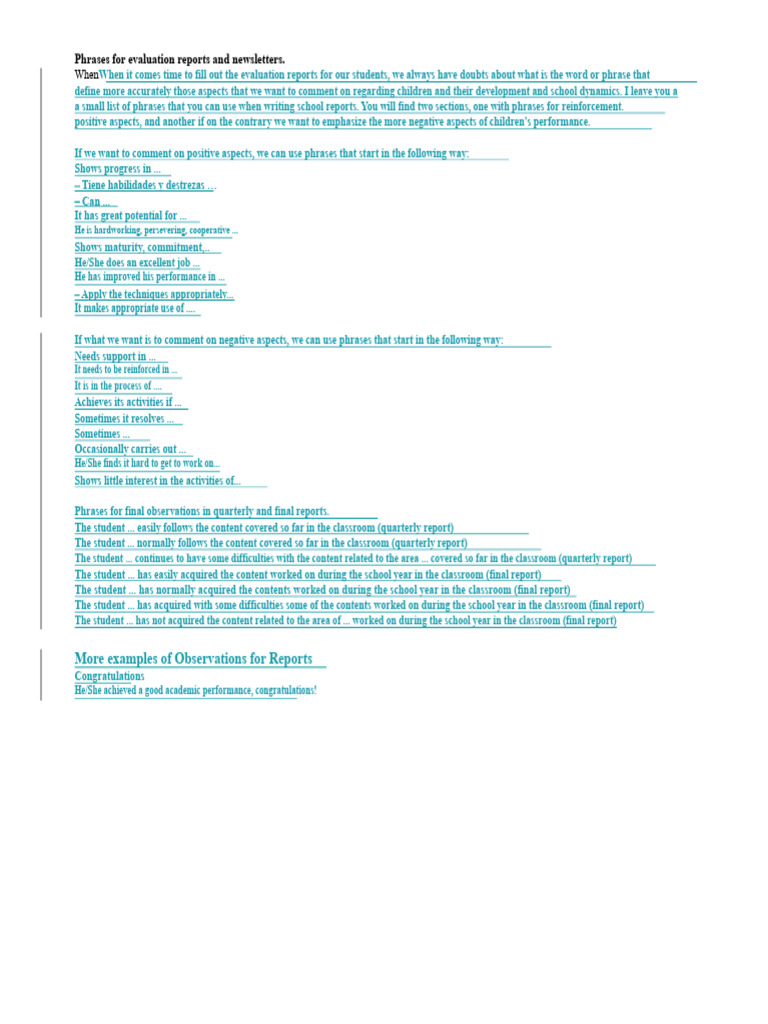 Phrases for Student Evaluation Reports | PDF | Learning | Attention