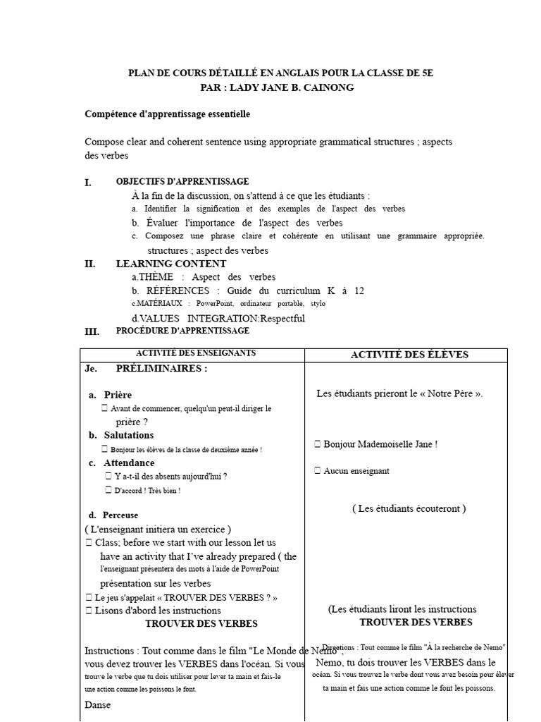 Plan de Leçon Anglais 5 4a - Cainong, Lady Jane | PDF | Verbe | Sémantique