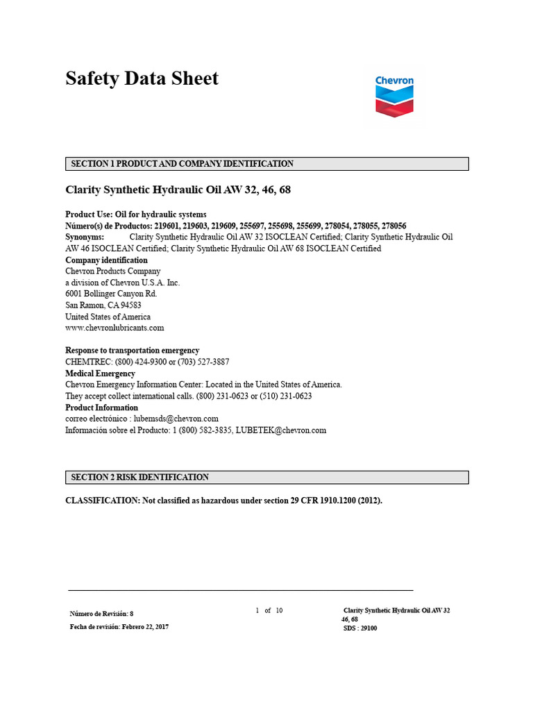 Clarity Synthetic Hydraulic Oil SDS | PDF | Combustion | Personal ...