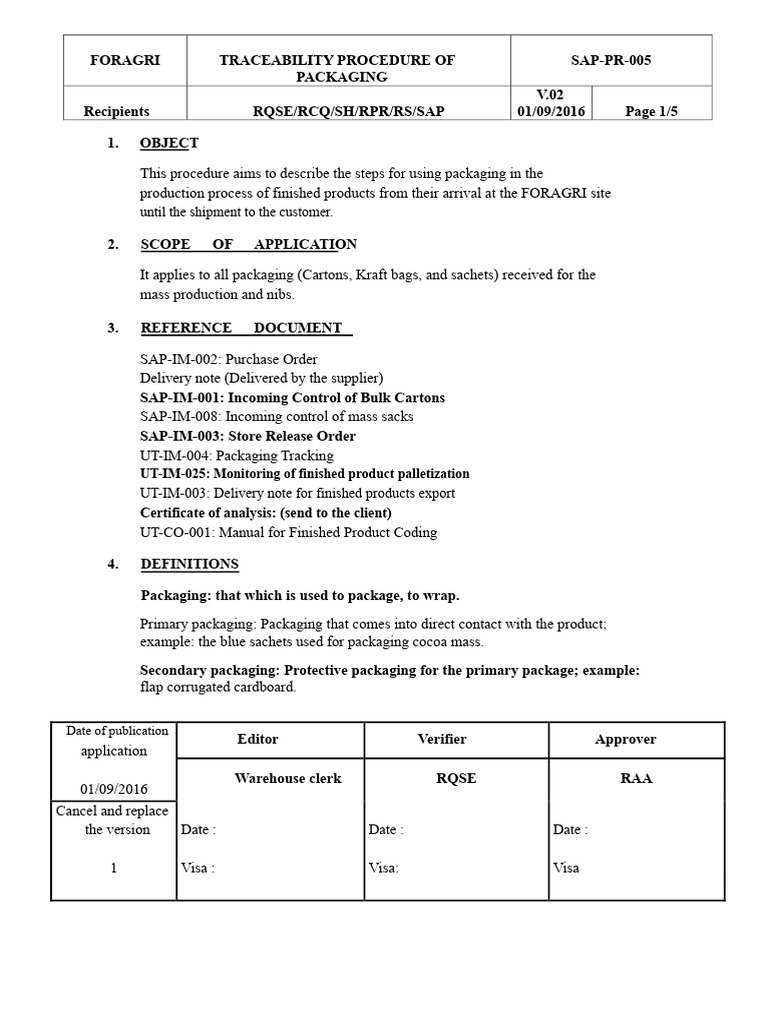 SAP-PR-005 Packaging Traceability Procedure | PDF