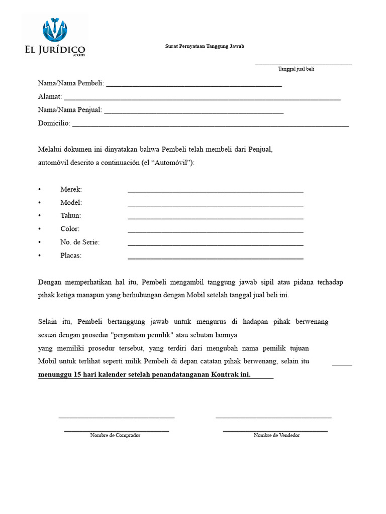 Surat Tanggung Jawab Pembeli Mobil | PDF