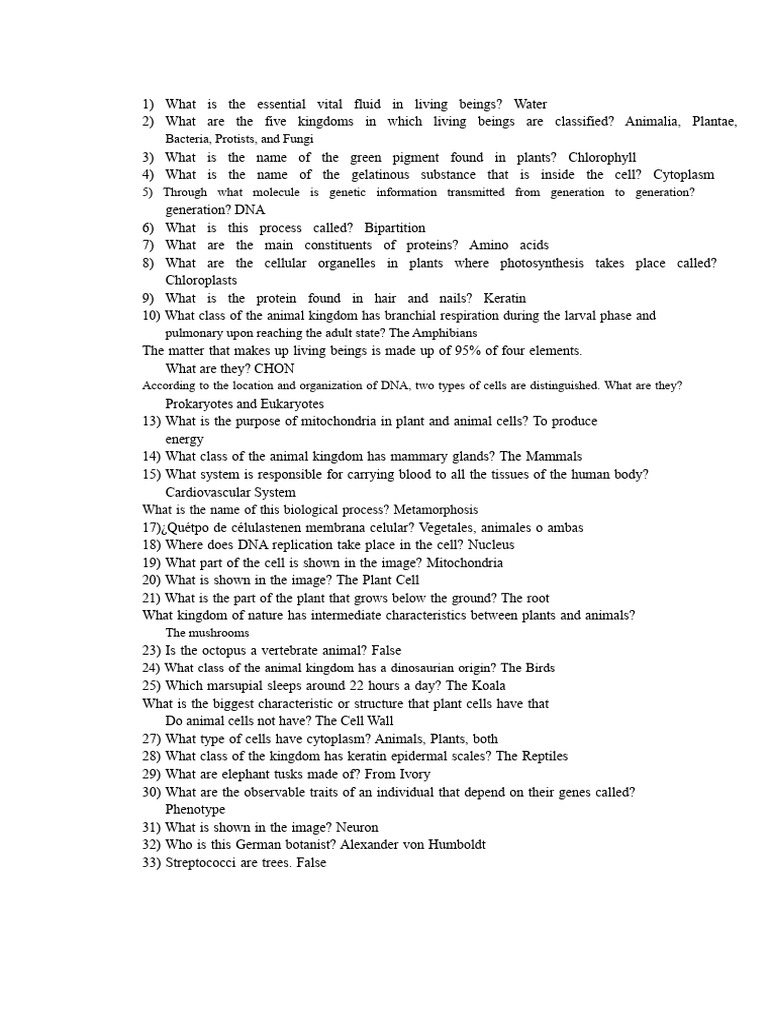 100 Questions About Biology | PDF | Cell (Biology) | Biology