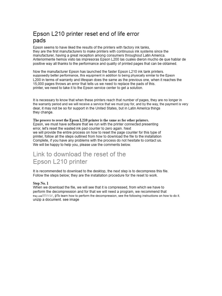 Resetting Epson L210 Printer End of Life Pads Error | PDF | Printer ...