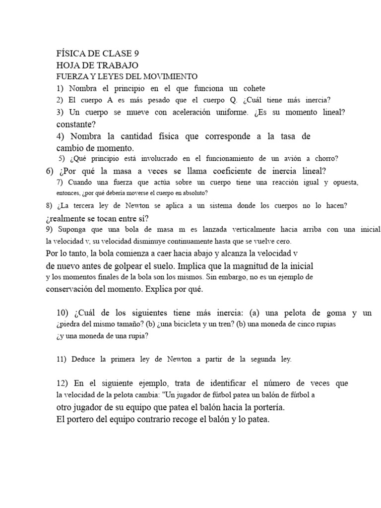 Hoja de trabajo 1 Clase 9 Física1566297629634 | PDF | Fuerza | Las ...