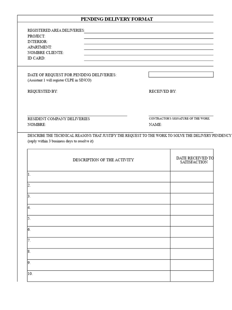 Pending Delivery Request Form | PDF