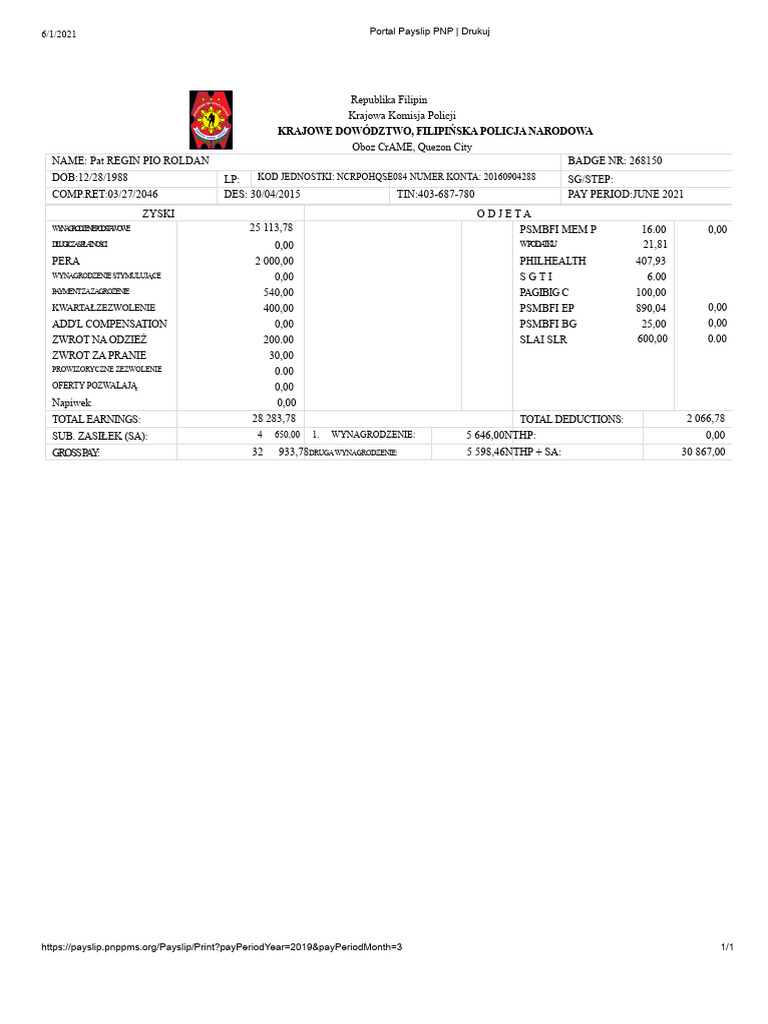 PNP Payslip Portal Wydruk PDF | PDF