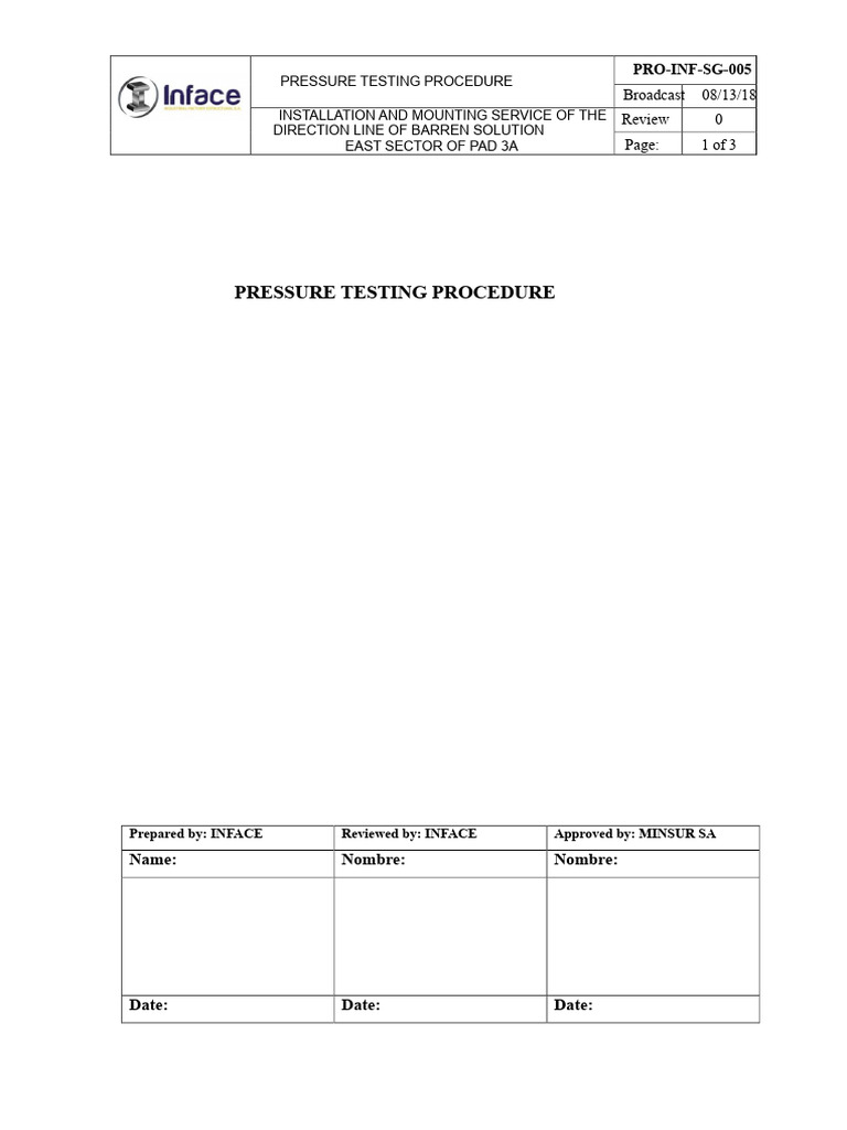 Pressure Testing Procedure for Barren Solution | PDF | Pipe (Fluid ...