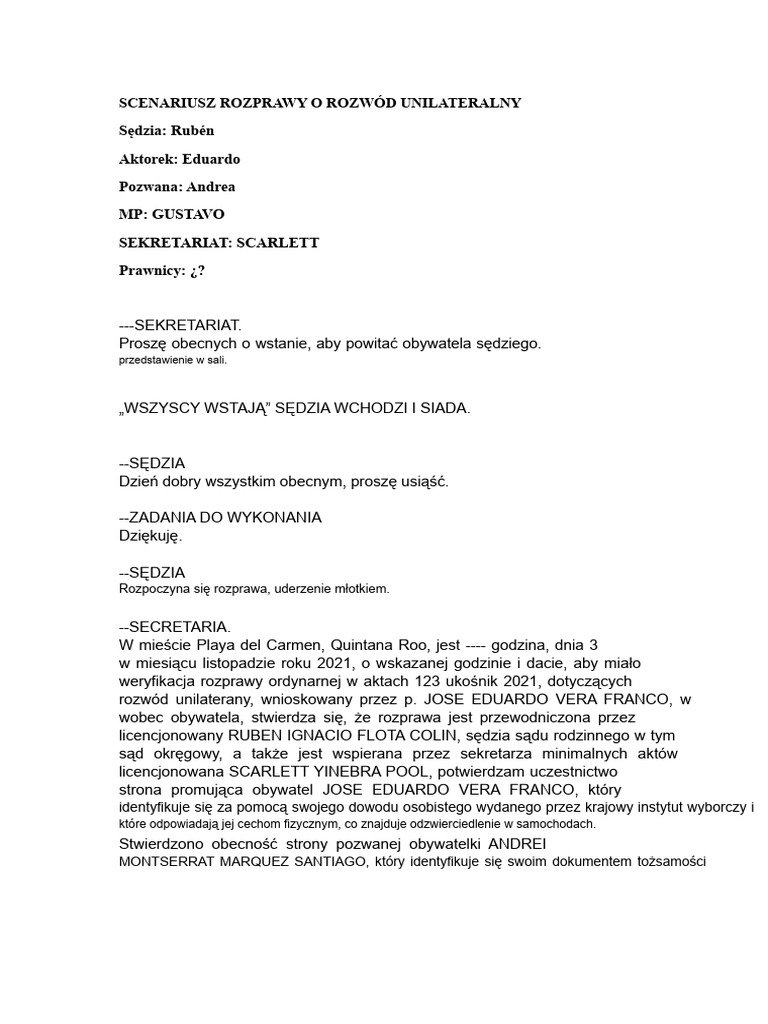 Scenariusz Rozprawy o Rozwód Unilateralny | PDF