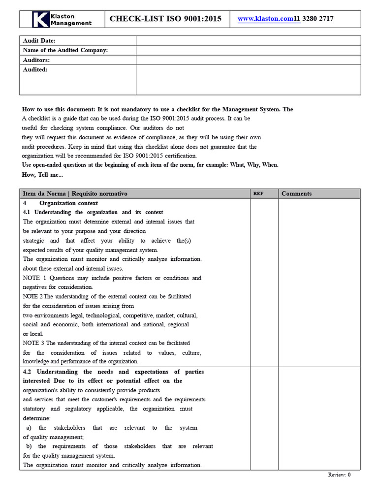 ISO 9001:2015 Audit Checklist Guide | PDF | Quality Management ...