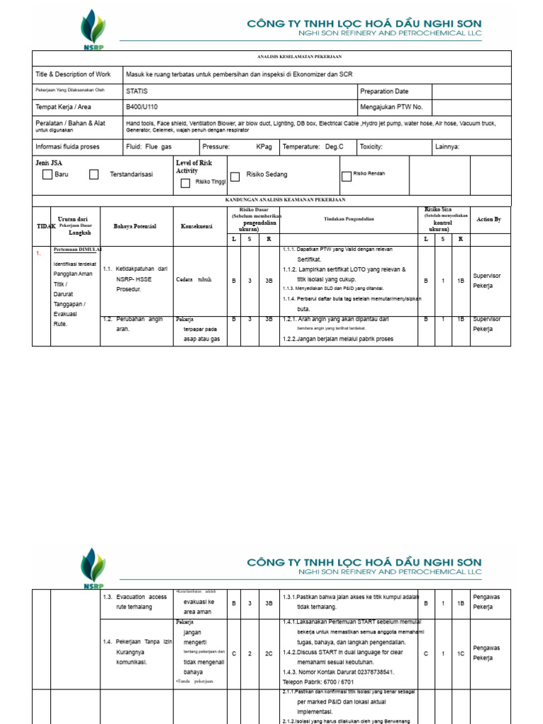 JSA untuk Pembersihan Boiler, SCR & Internal ESP | PDF