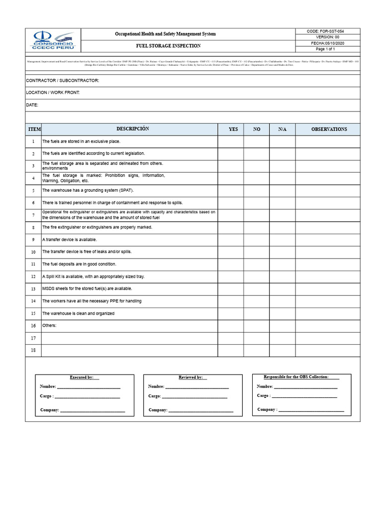 FOR-SST-054 Fuel Storage Inspection | PDF | Occupational Safety And ...