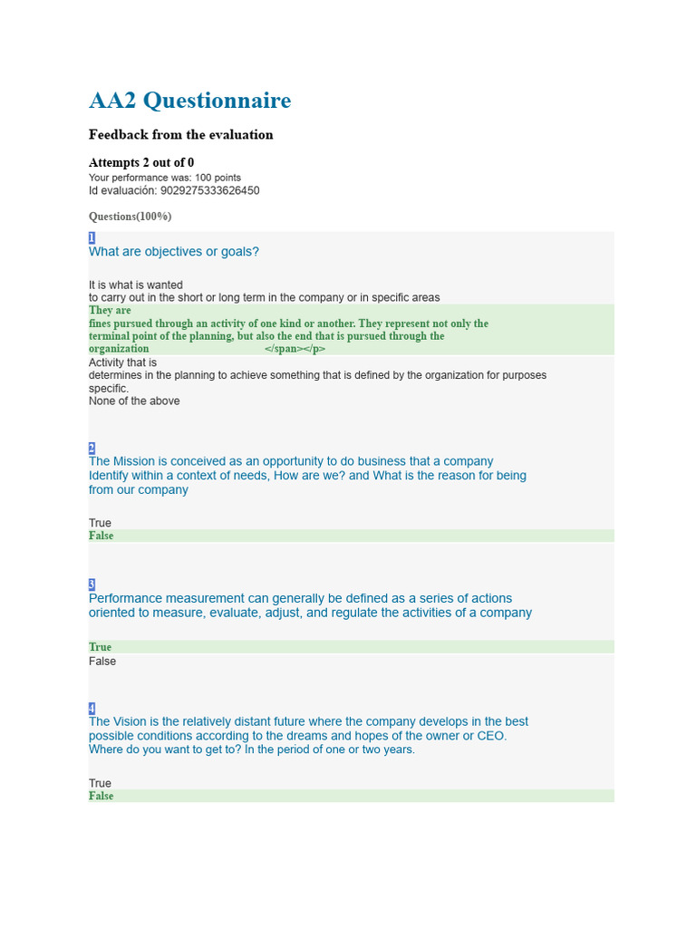 Questionnaire AA2 | PDF | Strategic Planning | Cognitive Science
