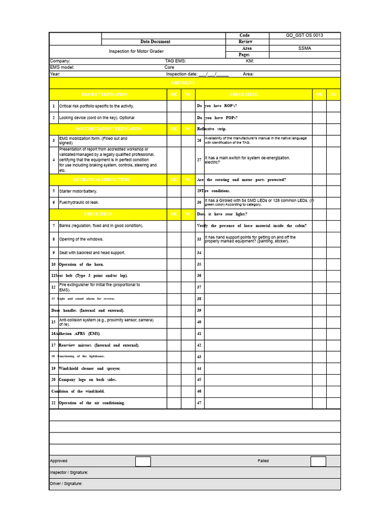 Grader Checklist | PDF | Verification And Validation | Vehicles