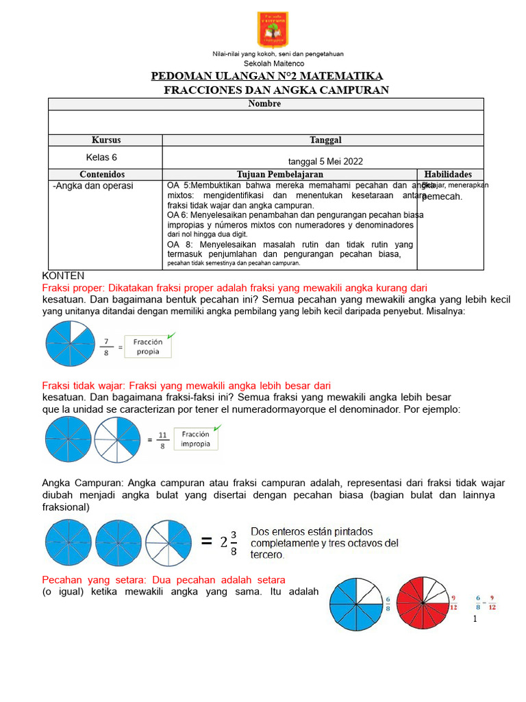 PANDUAN ULANG-N°2 Pecahan Dan Angka Campuran 6° | PDF