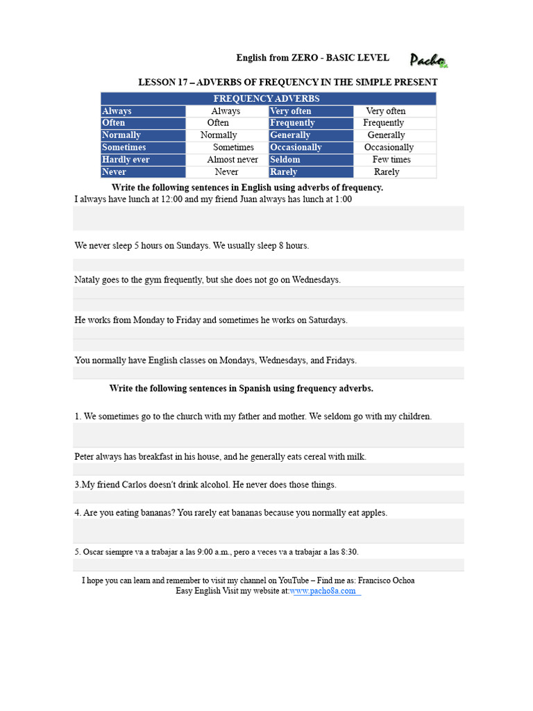 Lesson 17 - Adverbs of Frequency in The Simple Present | PDF | Lunch ...