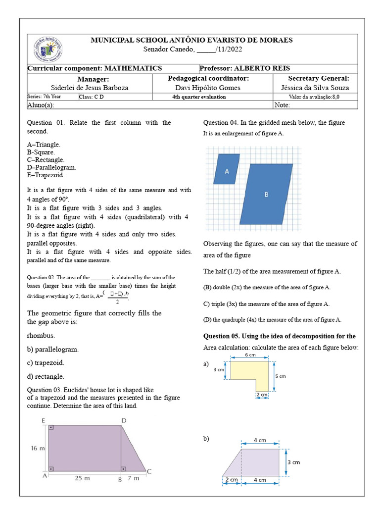 Mathematics Test 7TH Grade - 4TH Term | PDF | Area | Rectangle