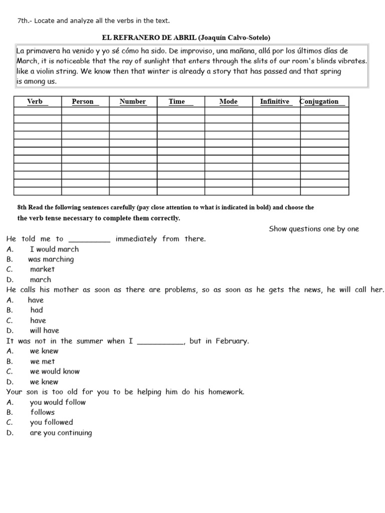 Verbs Analysis and Conjugation Exercises | PDF | Grammatical ...