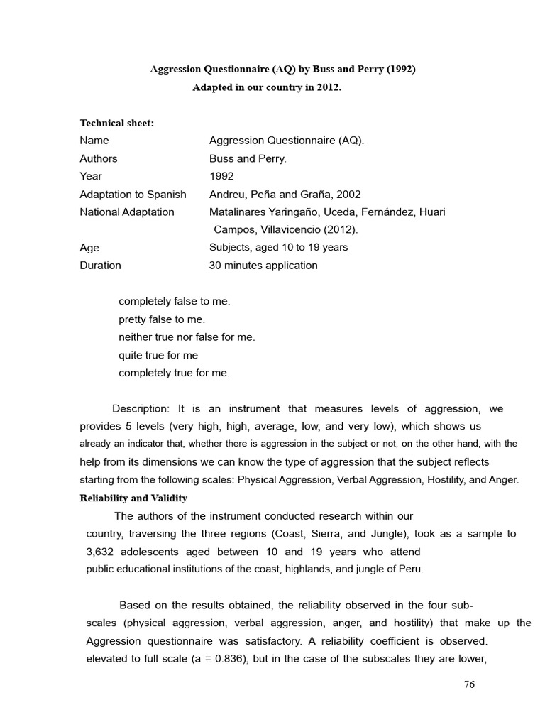 Aggression Questionnaire Overview and Analysis | PDF | Validity ...