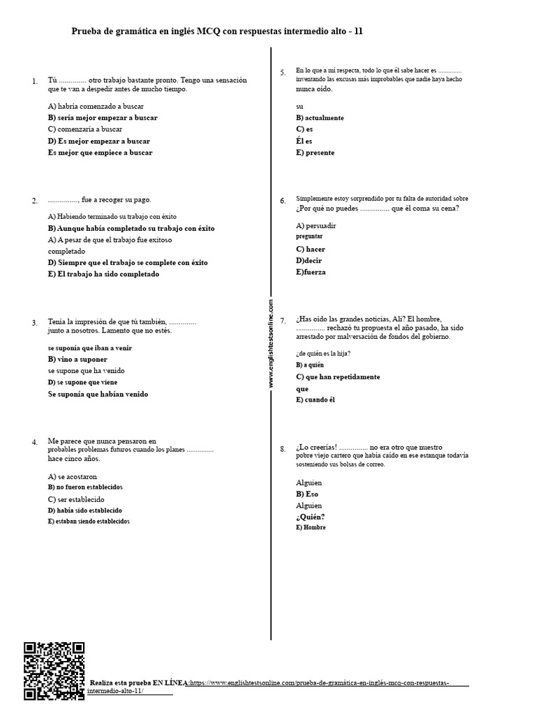 6r2338 Prueba de Gramática en Inglés MCQ Con Respuestas Intermedio ...