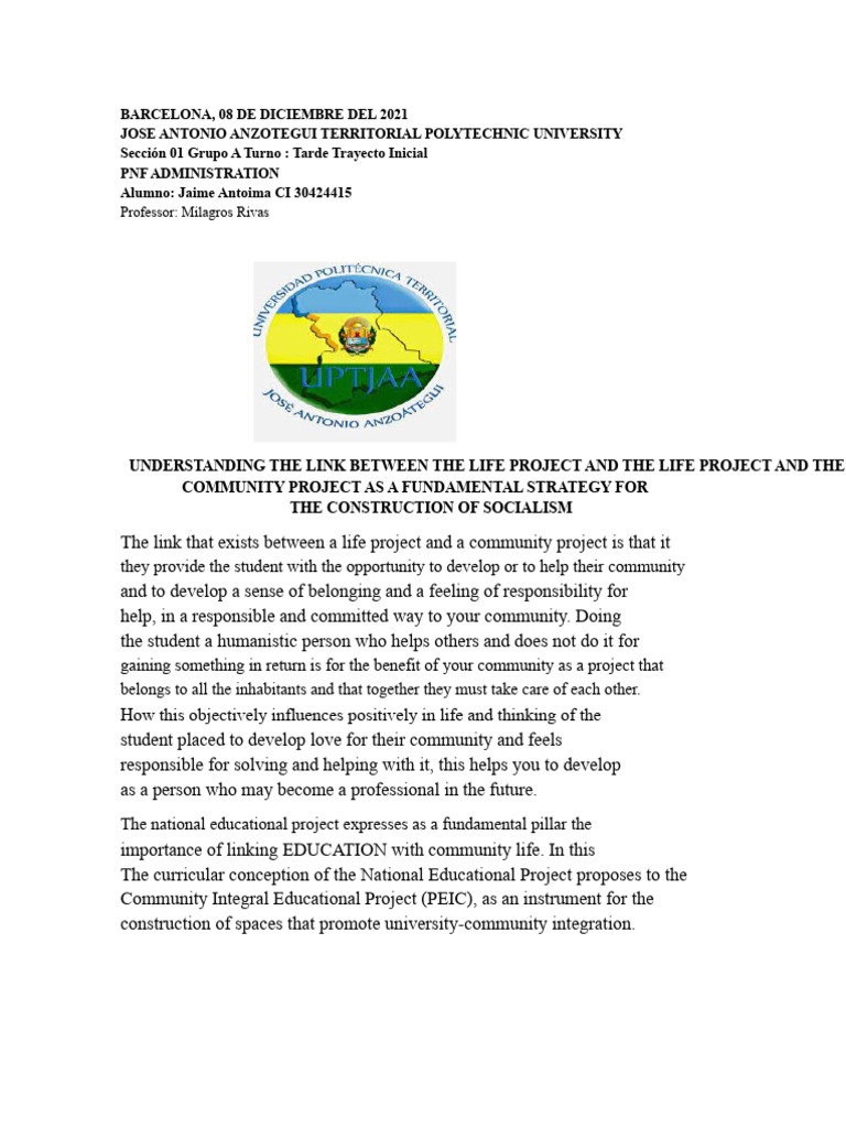 Link Between Life Project and Community Project | PDF