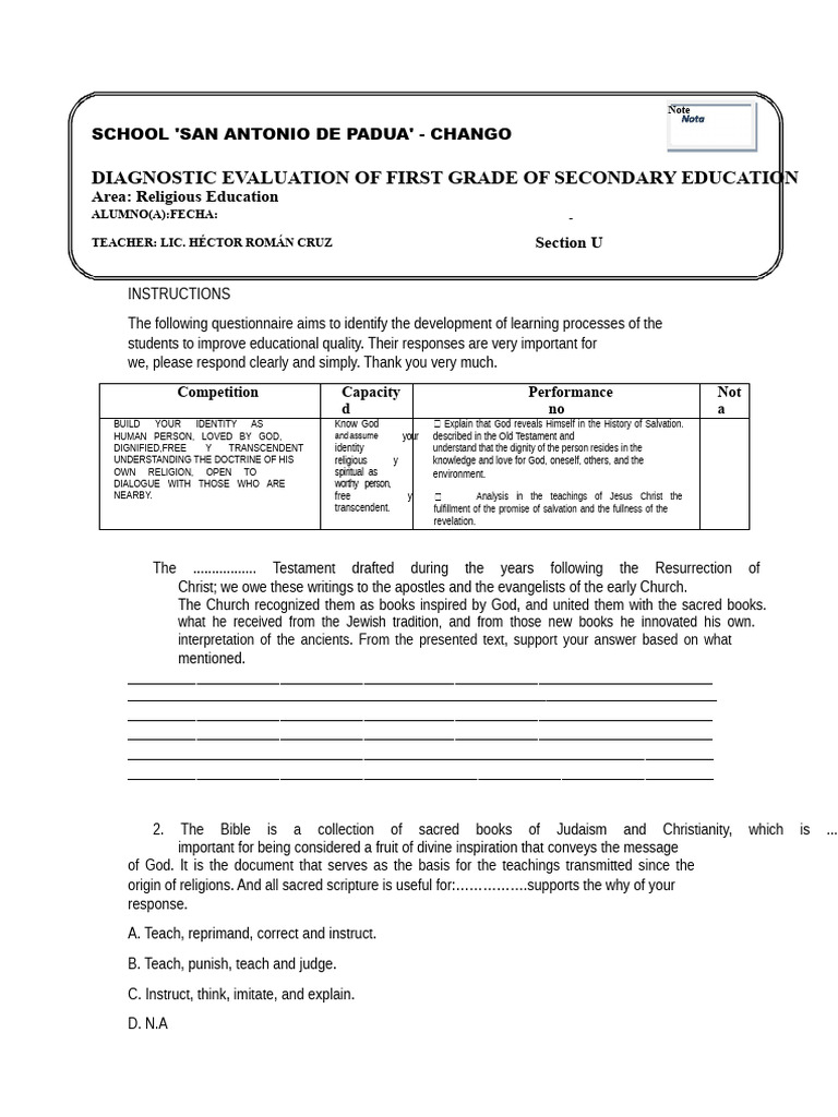 FIRST GRADE Diagnostic Religion | PDF | Faith | God
