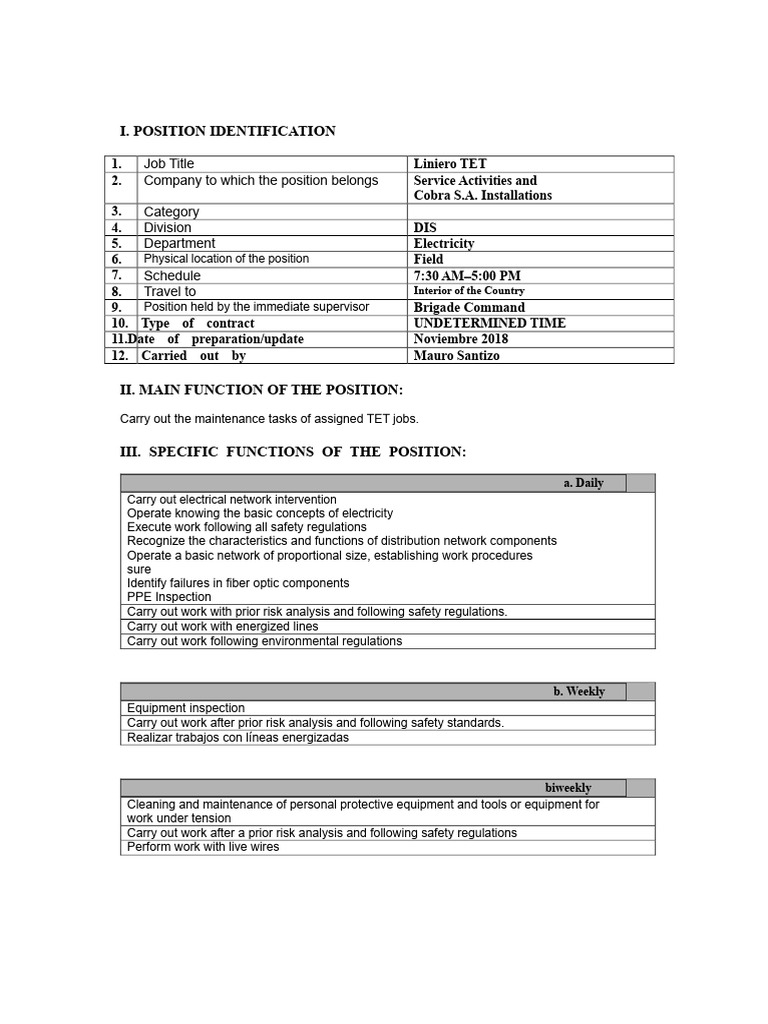Job Description Lineman TET | PDF | Occupational Safety And Health ...