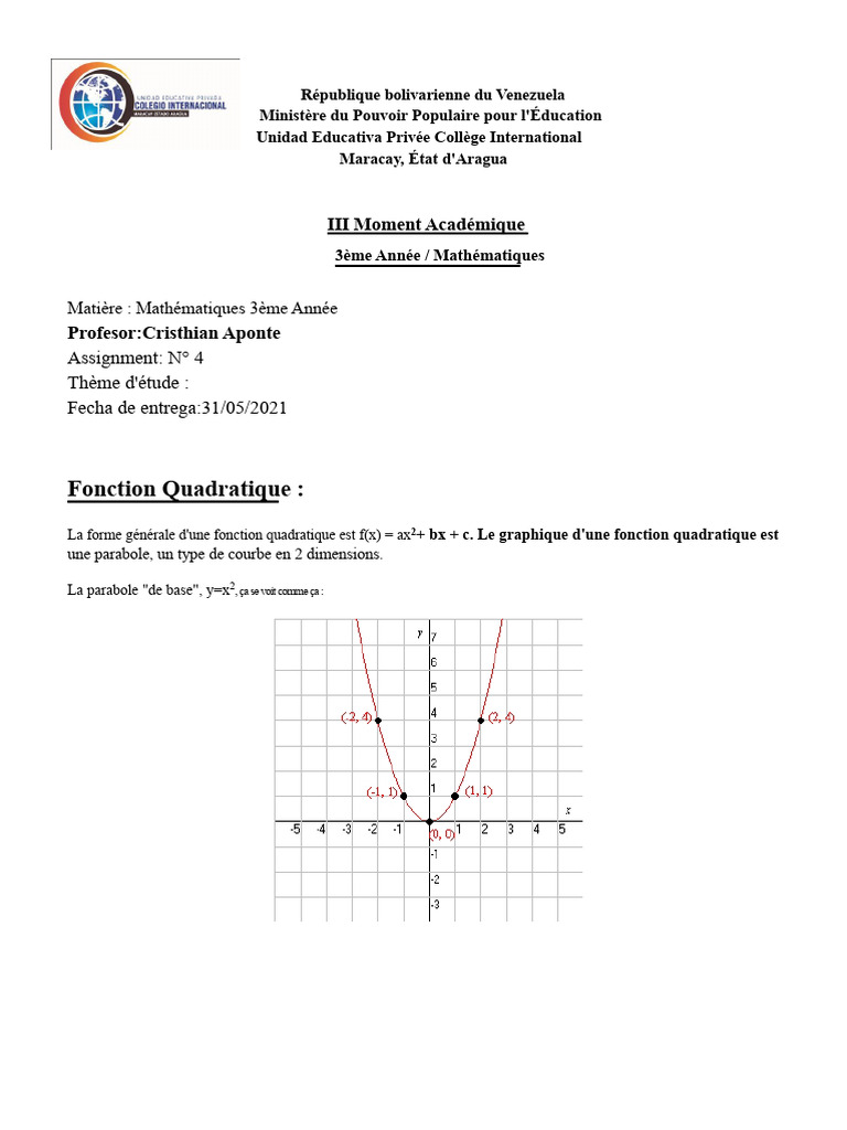 3ème Année. Mathématiques. Fonction Quadratique - Éval #4 | PDF ...
