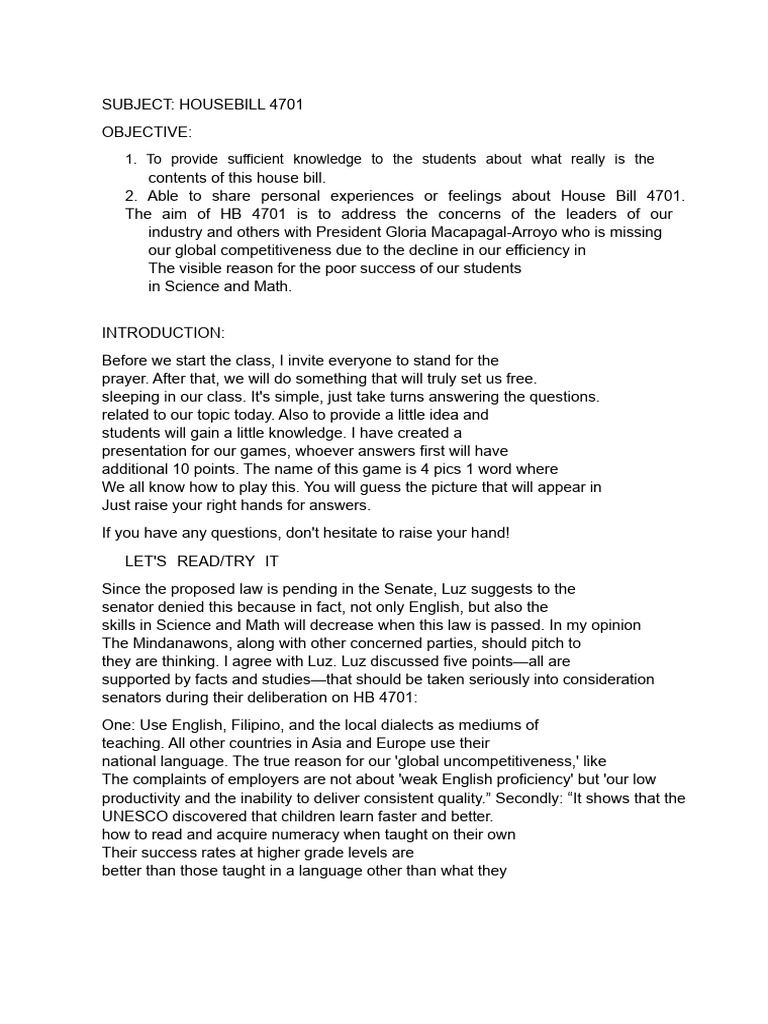 Understanding House Bill 4701 | PDF | Second Language | English Language