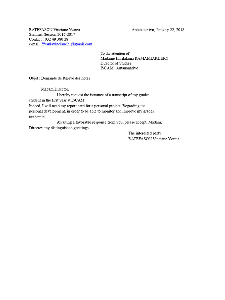Request Letter For Transcript | PDF