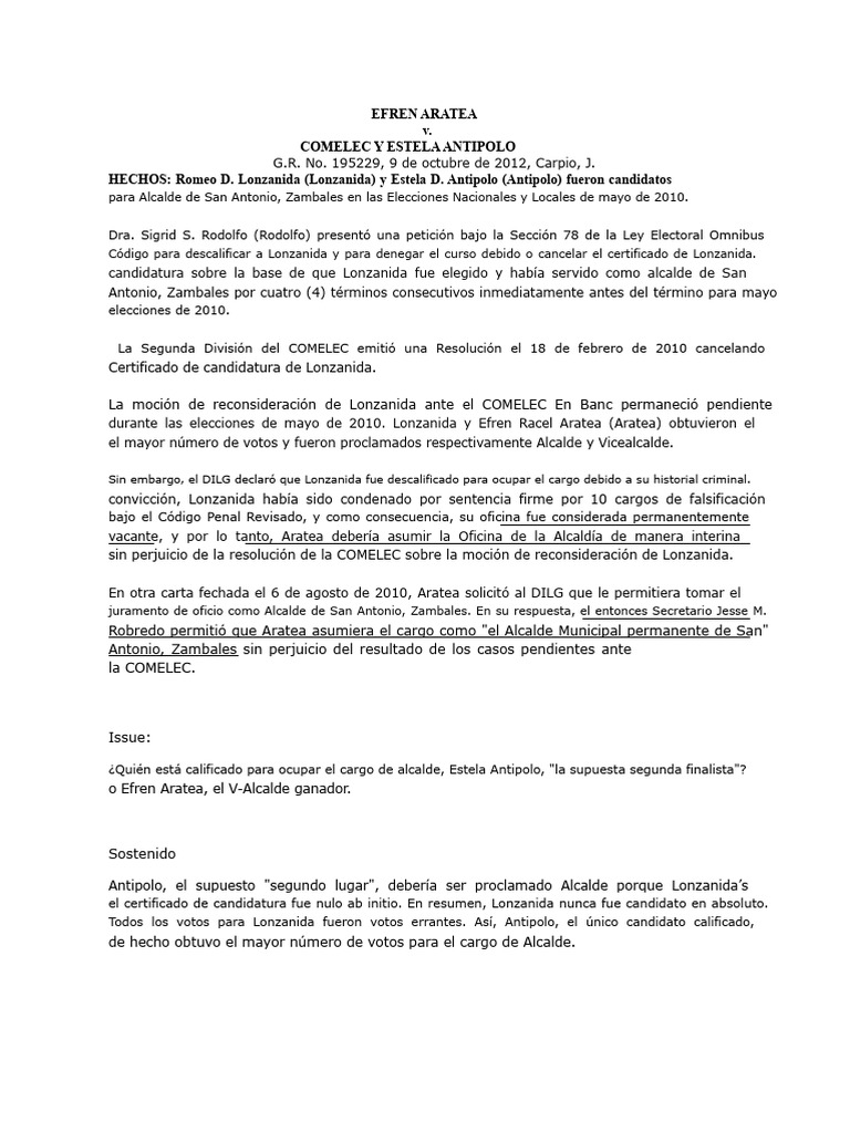 Aratea Contra Comelec | PDF | Responsabilidad | Eventos políticos