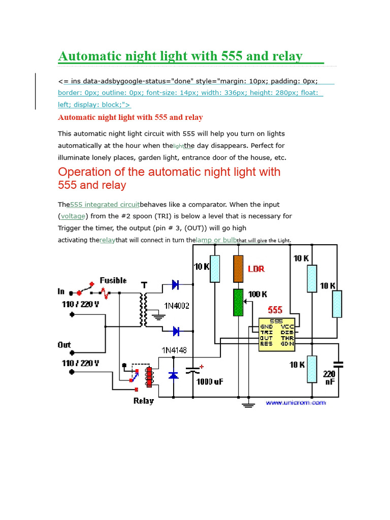 Automatic Night Light With 555 and Relay | PDF