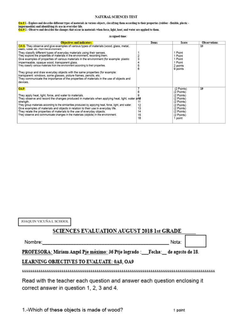 Science Test August Month Unit 3 Materials List | PDF | Materials