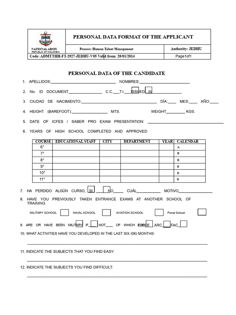 Personal Data Form for Colombian Army Applicants | PDF